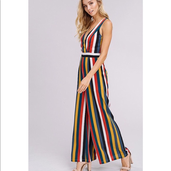 Pants & Jumpsuits | Multi Color Striped Vneck Jumpsuit | Poshmark